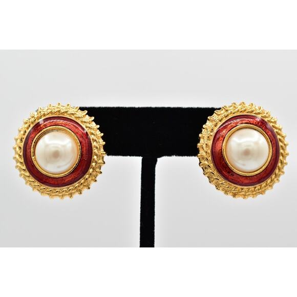 Unbranded | Jewelry | Vintage Round Earrings Red Enamel White Faux ...